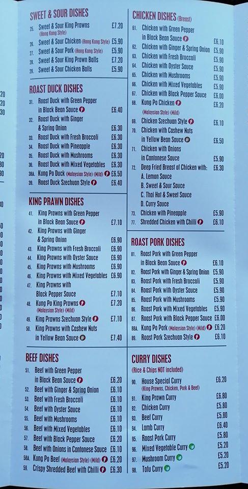Menu at Sunshine restaurant, Reading