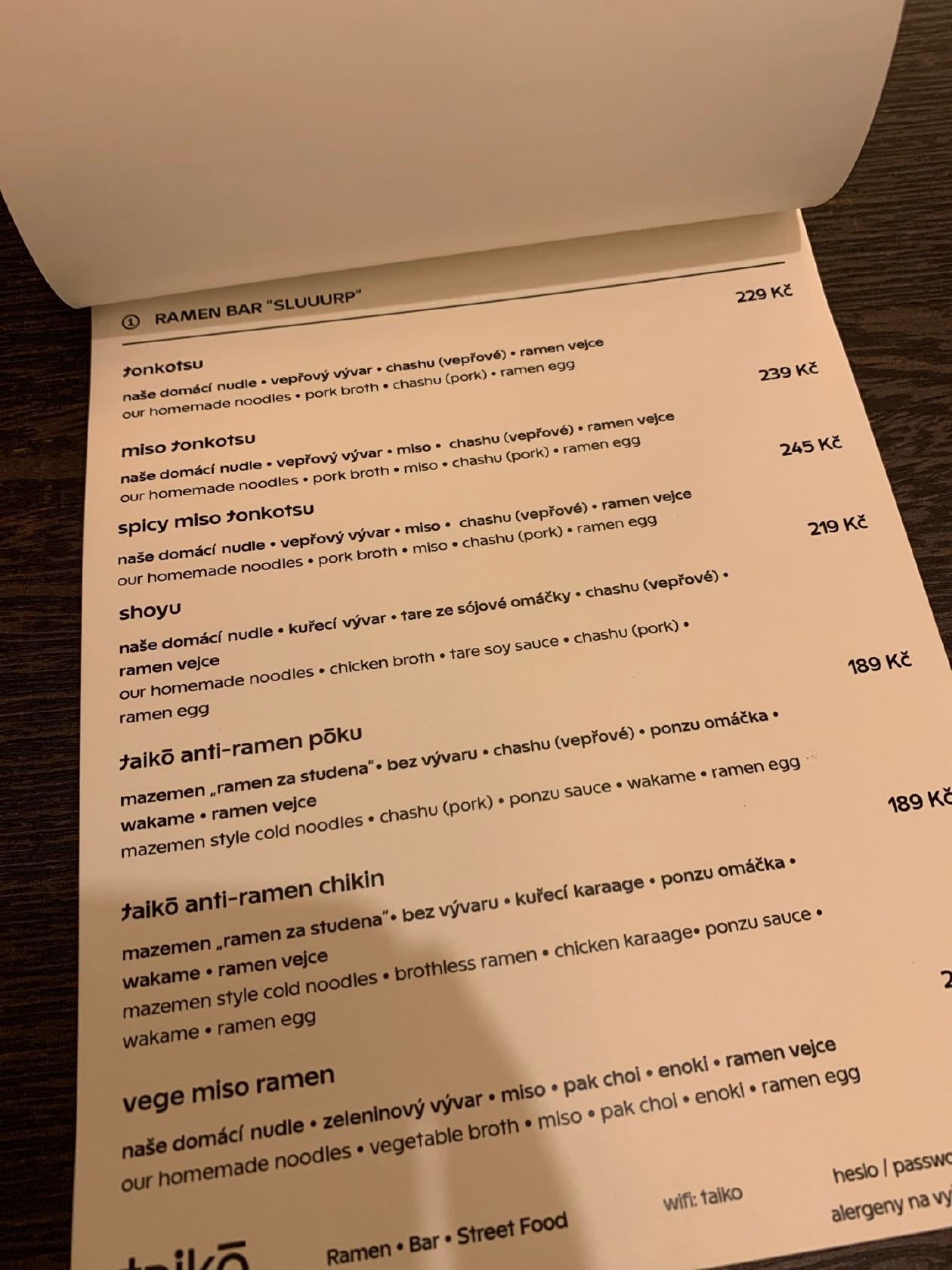 Menu at Taiko restaurant, Prague
