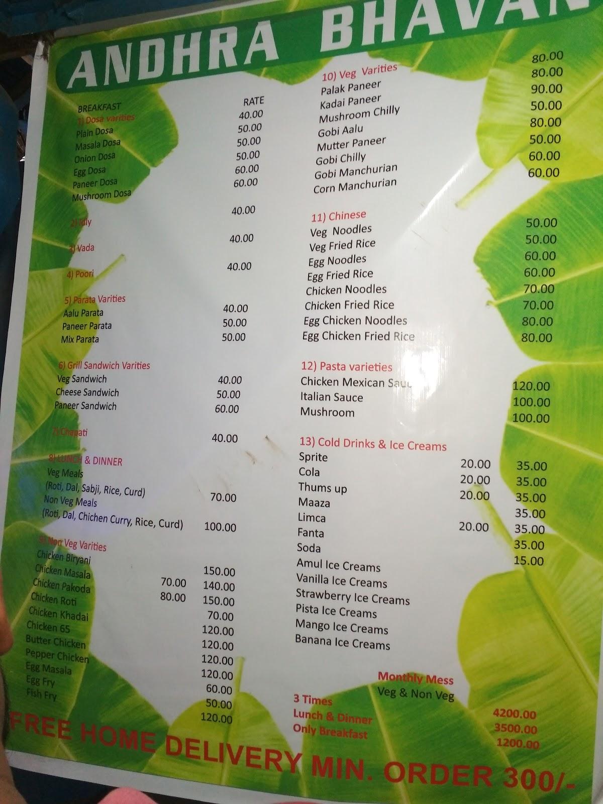 Menu at Andhra Bhawan, New Delhi