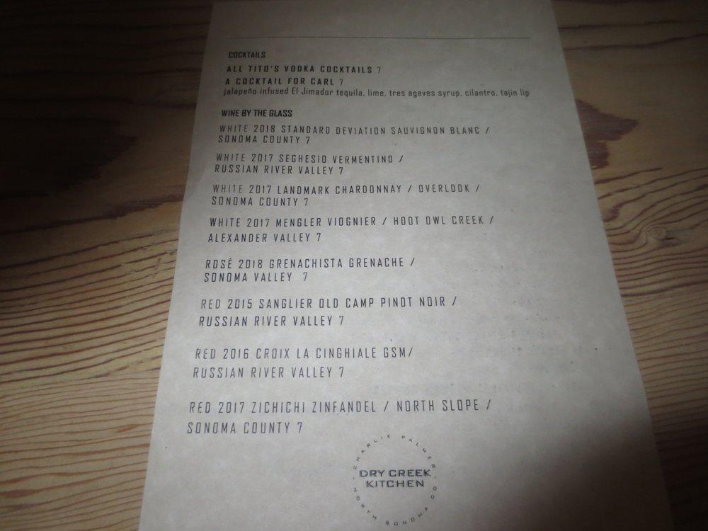 Menu at Spirit Bar, Healdsburg