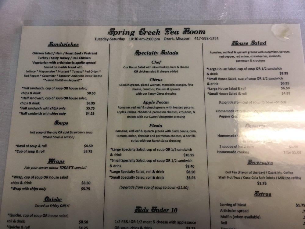 Menu at Spring Creek Tea Room restaurant, Ozark