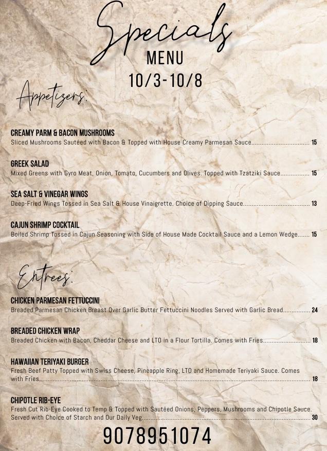 Menu at The Cave steakhouse, Delta Junction