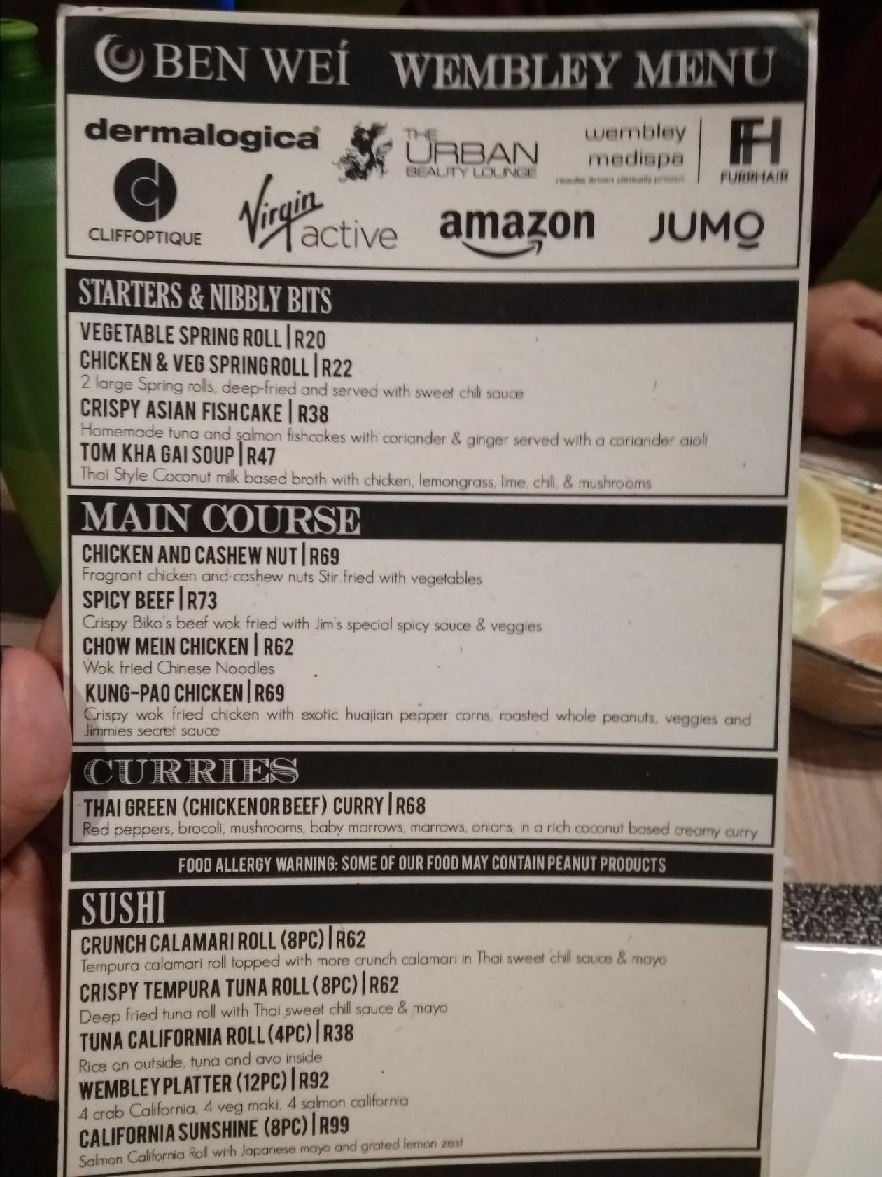 Menu at Ben Weí Sushi Asian Fusion restaurant, Cape Town