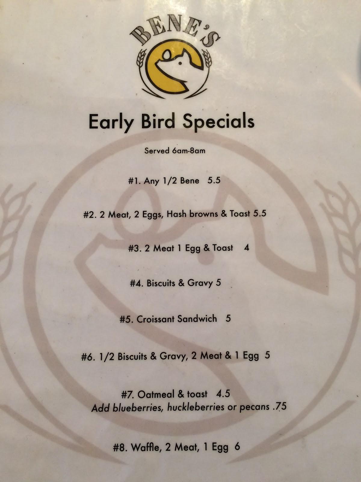 Menu at Bene's restaurant, Cheney