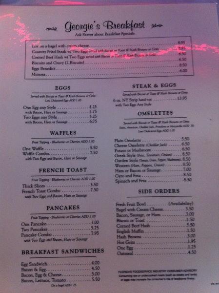 Menu at Georgie's Diner restaurant, St. Augustine