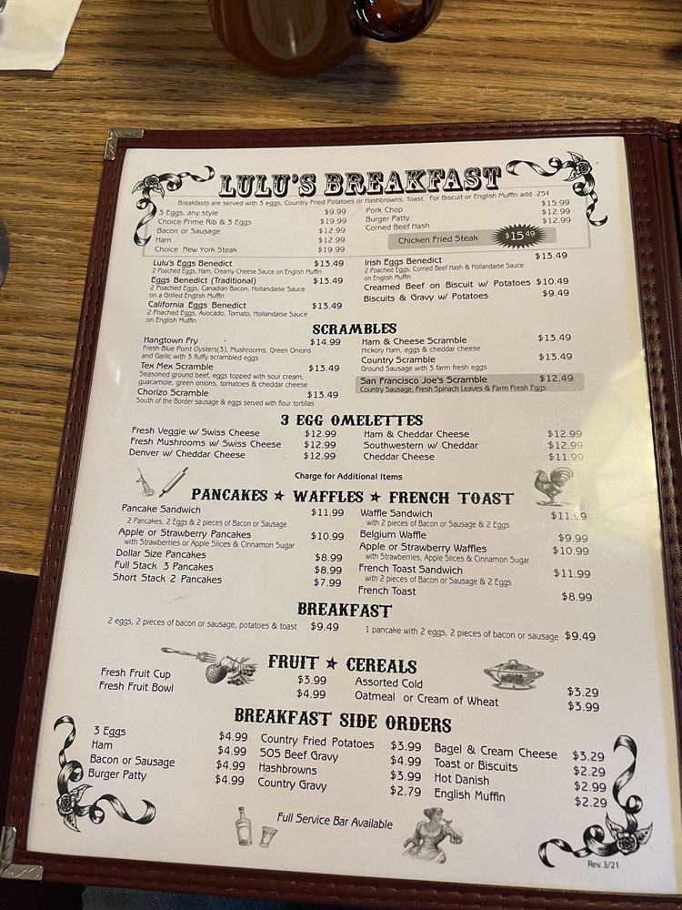 Menu at Lulu's Eating & Drinking pub & bar, Redding
