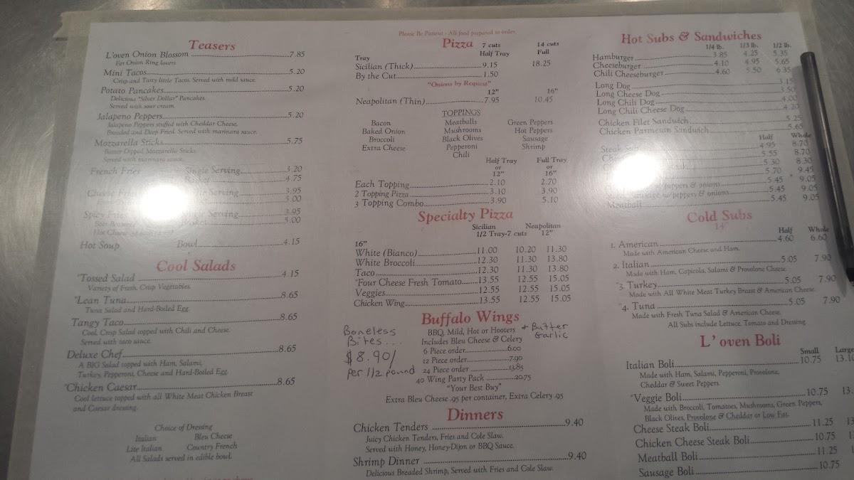 Menu at Pizza L'Oven pizzeria, Ashley