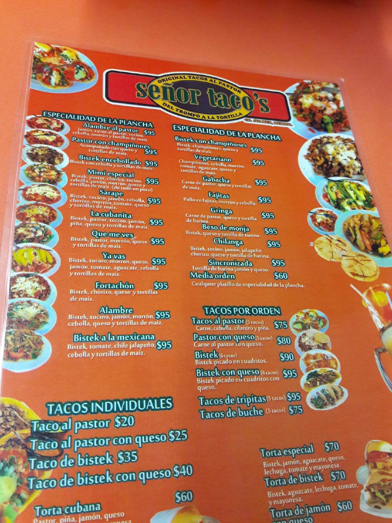 Menu at Señor Taco's fast food, Ciudad Juarez, Av. Paseo Triunfo de la República 5515