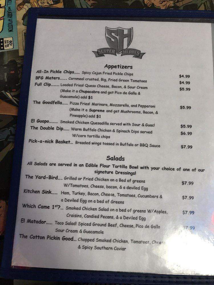Menu at Supper Heroes restaurant, Huntsville