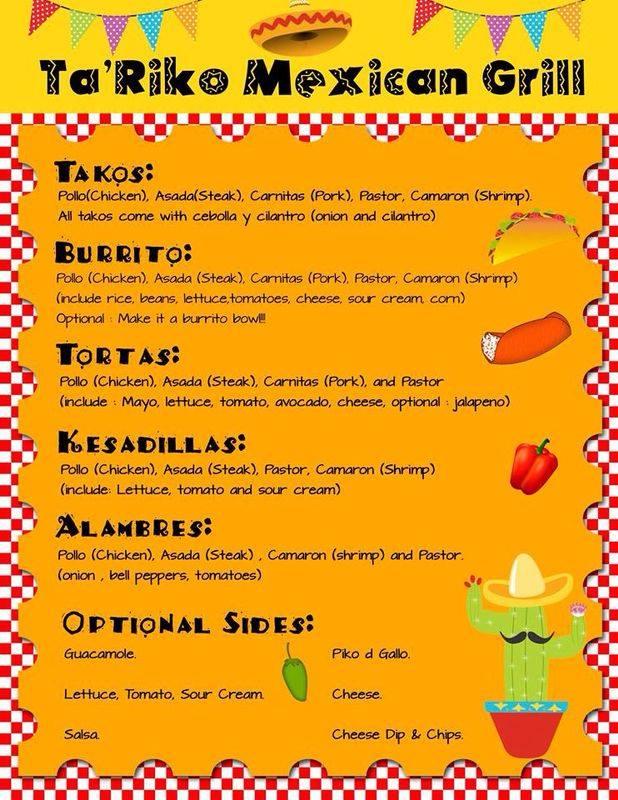 Menu at Ta'riko mexican grill restaurant, Columbus