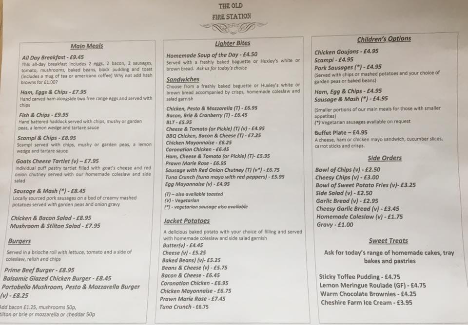 Menu at The Old Fire Station Cafe Bar, Malpas