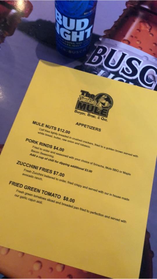 Menu at The Smoking Mule restaurant, Chamberlain