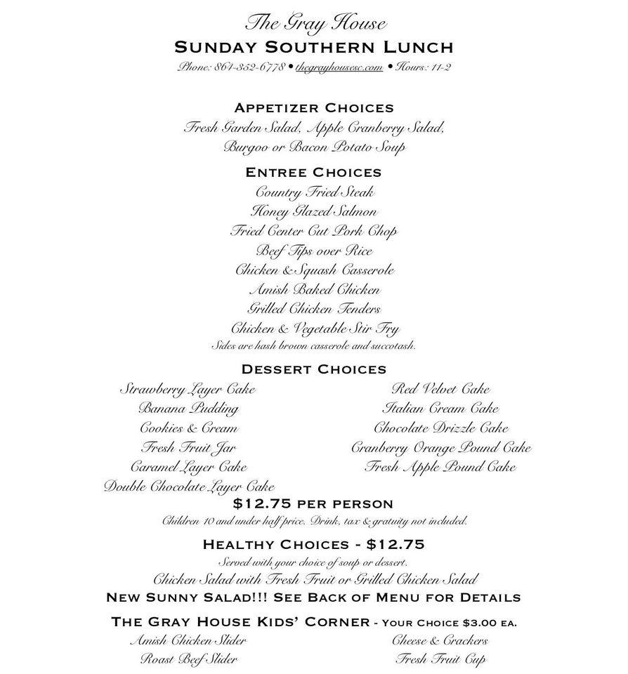Menu at Gray House restaurant, Starr