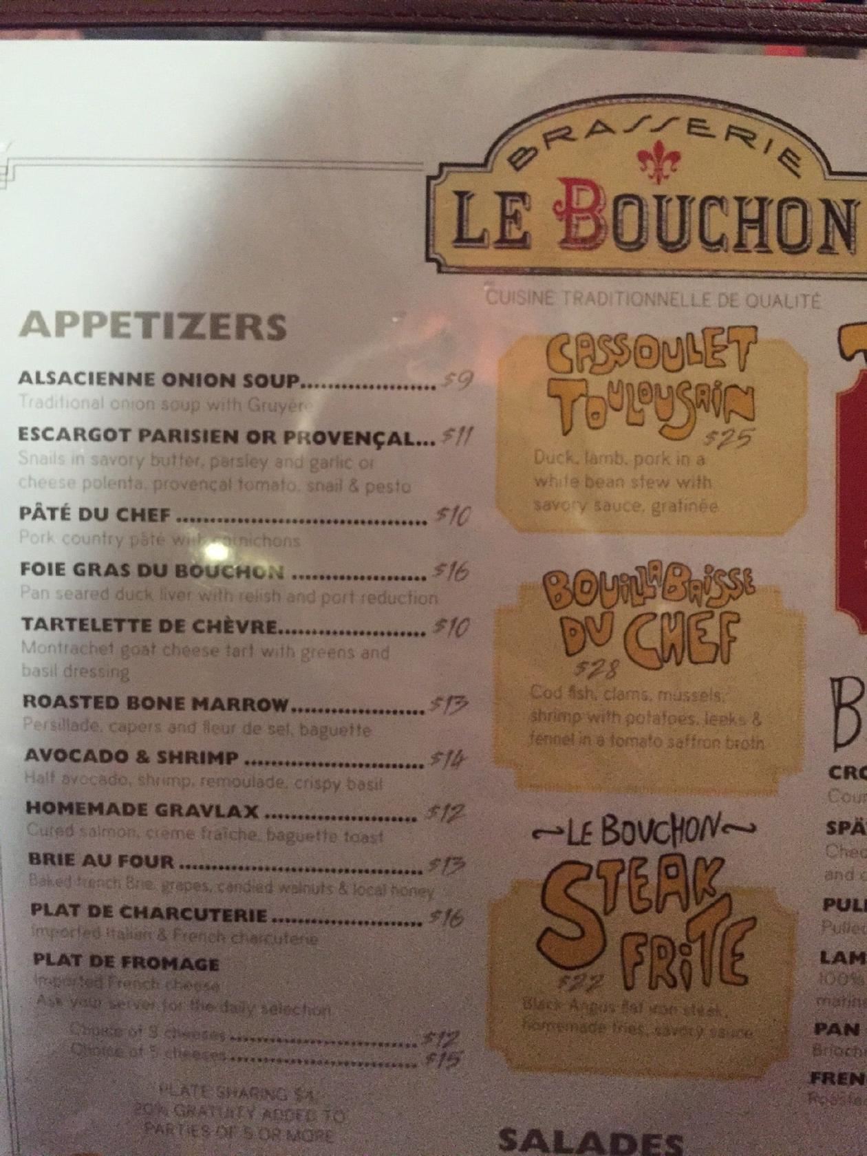 Menu at Le Bouchon restaurant, Cold Spring