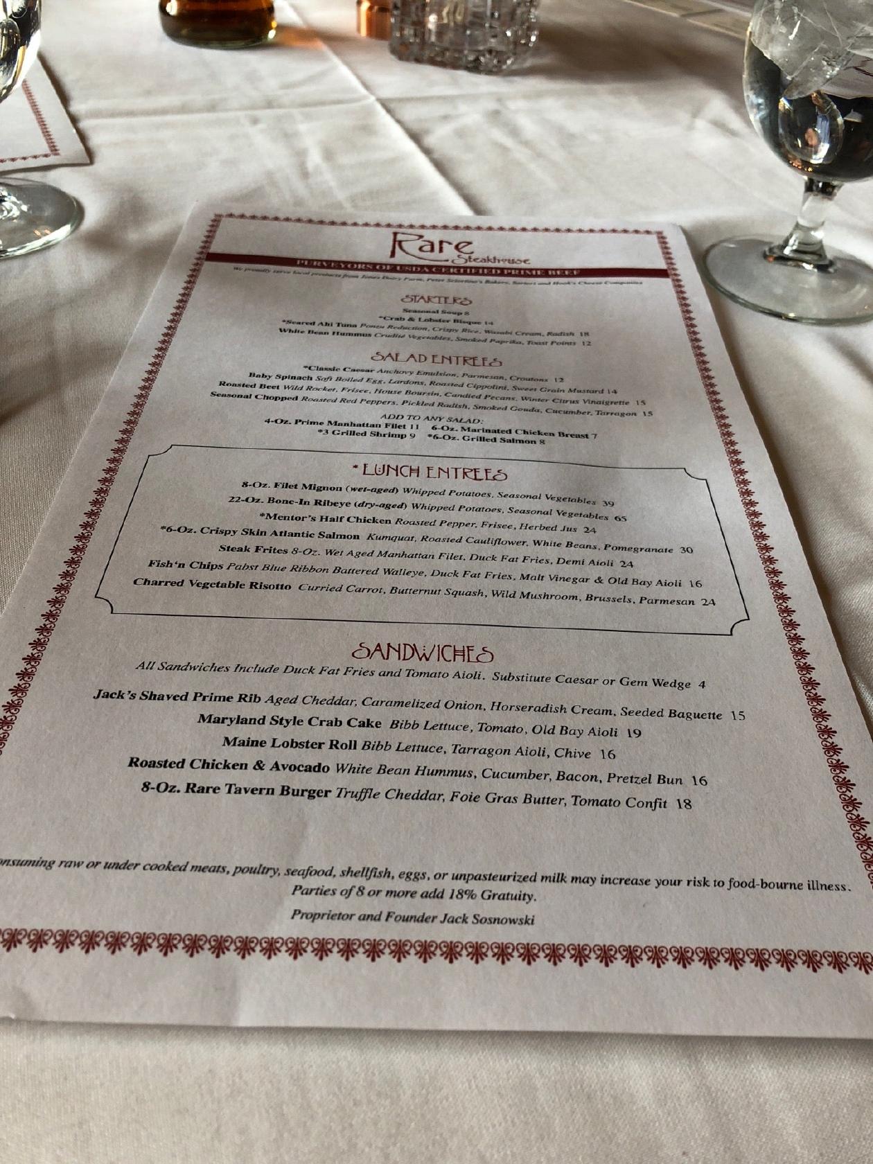 Menu at Rare Steakhouse, Milwaukee