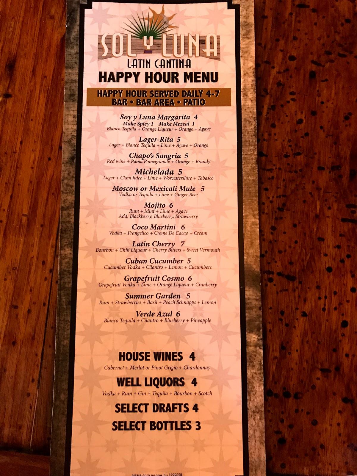 Menu at Sol y Luna pub & bar, Myrtle Beach