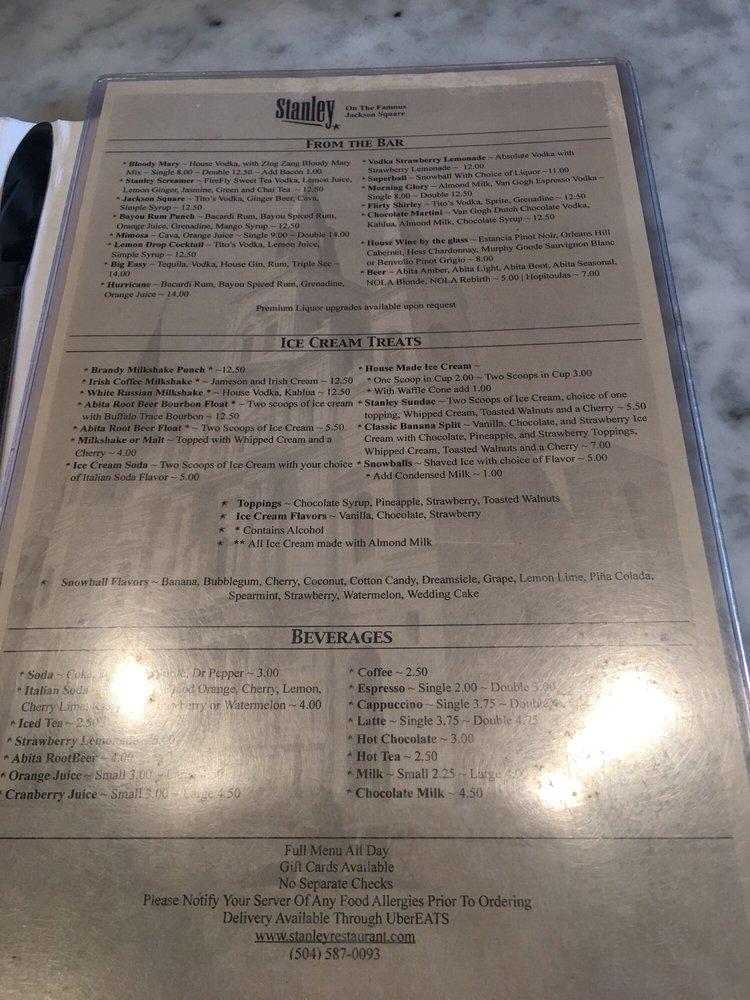 Menu at Stanley of New Orleans restaurant, New Orleans