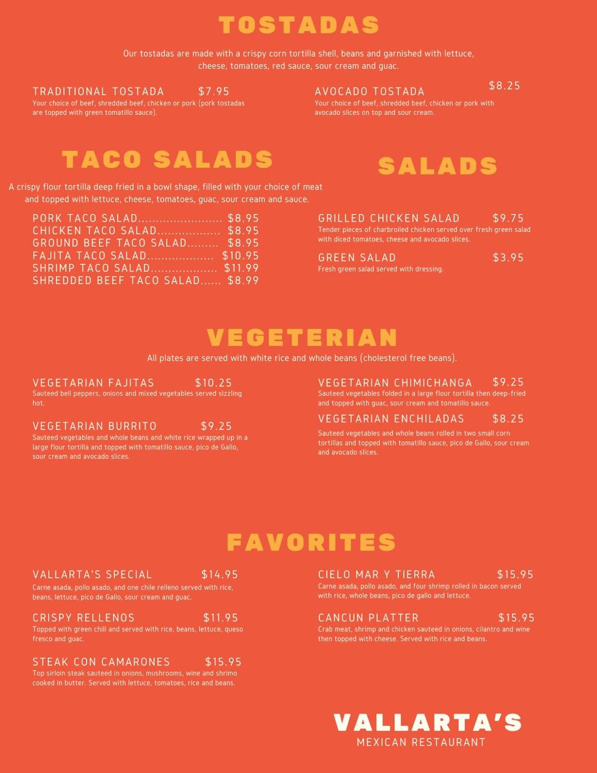 Menu at Vallarta's Mexican Restaurant, Archie