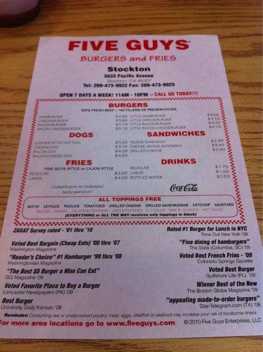 Carta de comida rápida Five Guys, Stockton, Pacific Ave