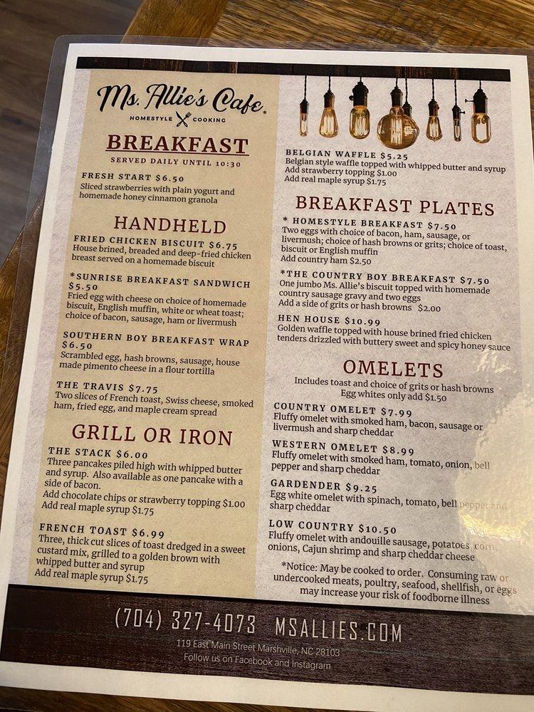 Menu at Ms. Allie's Cafe, Marshville