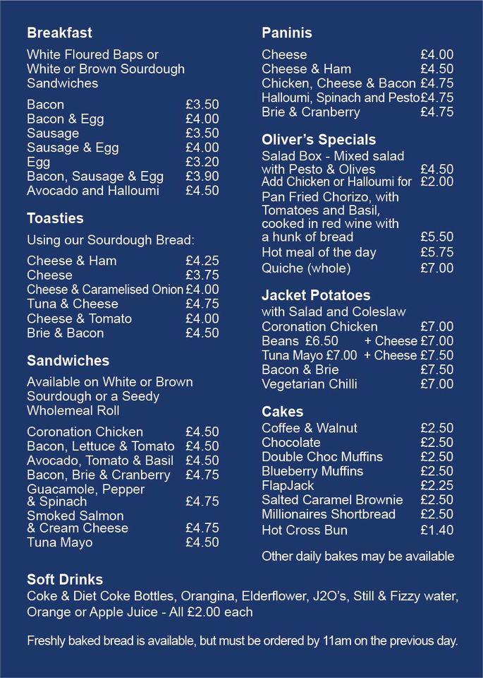 Menu at Oliver's Coffee pub & bar, Haslemere