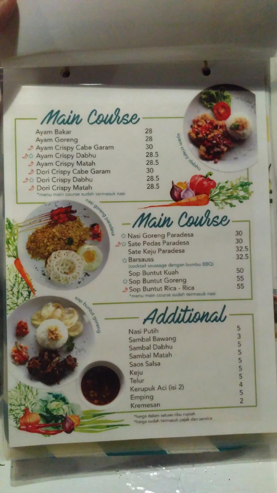 Menu at Paradesa Warong restaurant, Bandung