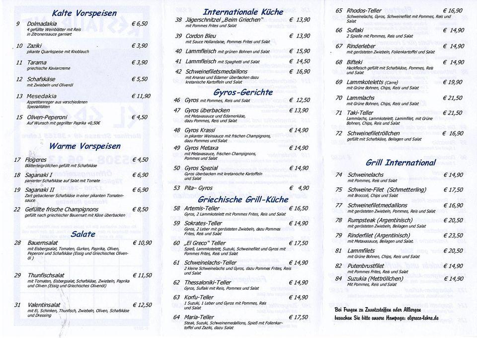 Speisekarte von Restaurant El Greco, Lehre, Berliner Straße 49