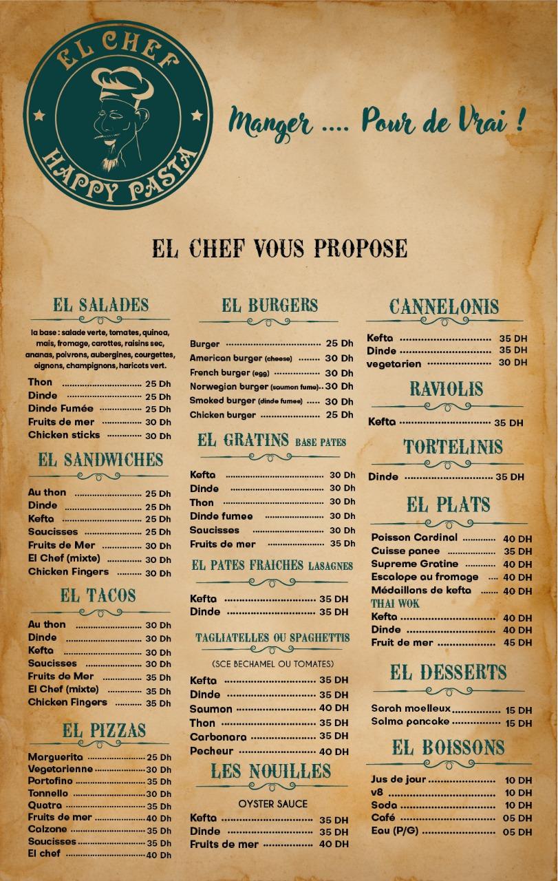 Menu at Snack El Chef Happy Pasta restaurant, Dcheira El Jihadia