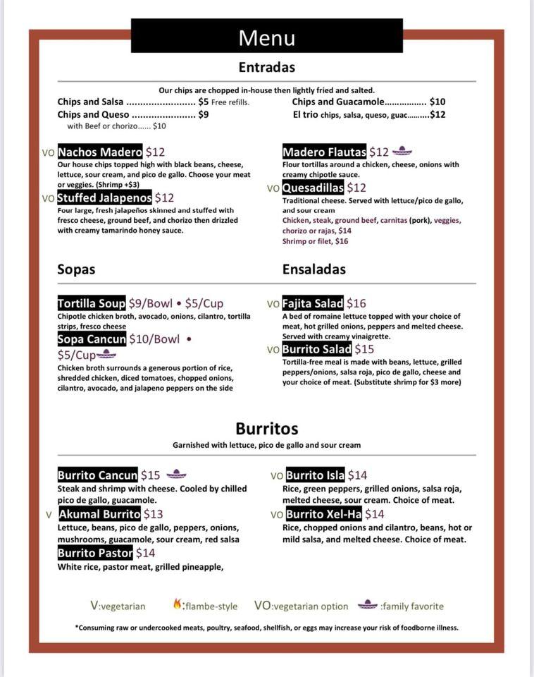Menu at Madero Cantina restaurant, North Huntingdon