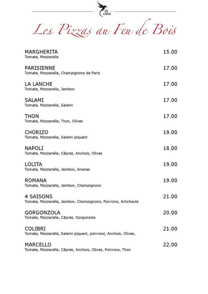Carta de Restaurant Colibri, Port-Valais