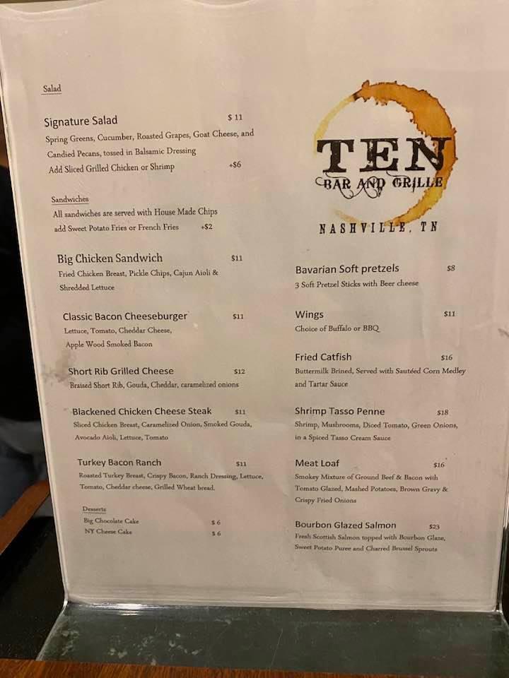 Menu at Ten Bar And Grill, Nashville
