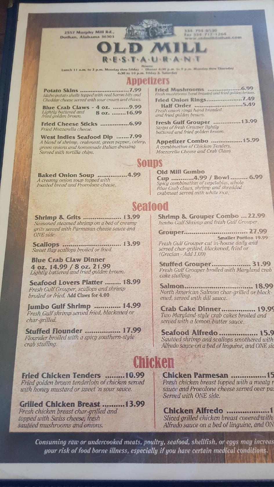 Menu at The Old Mill steakhouse, Dothan