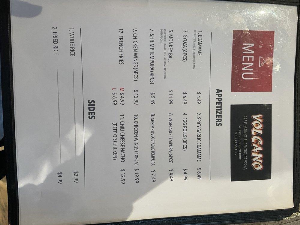 Menu at Volcano Asian Restaurant, El Centro