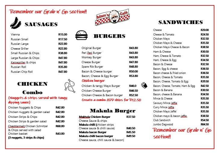 Menu at Adam's Cafe & Takeaways, Tzaneen