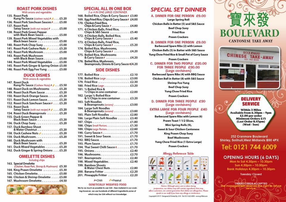 Menu at Boulevard Chinese Take-Away fast food, Solihull