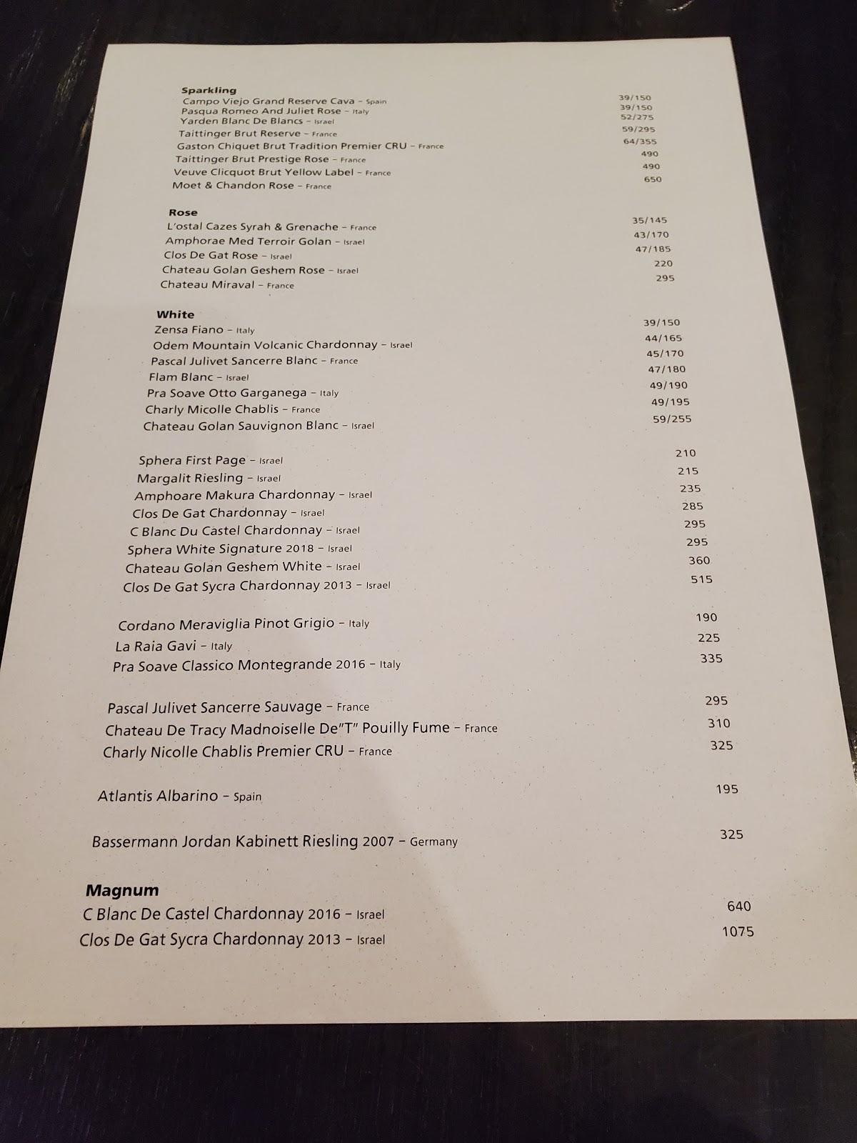 Menu at Chakra restaurant, Jerusalem