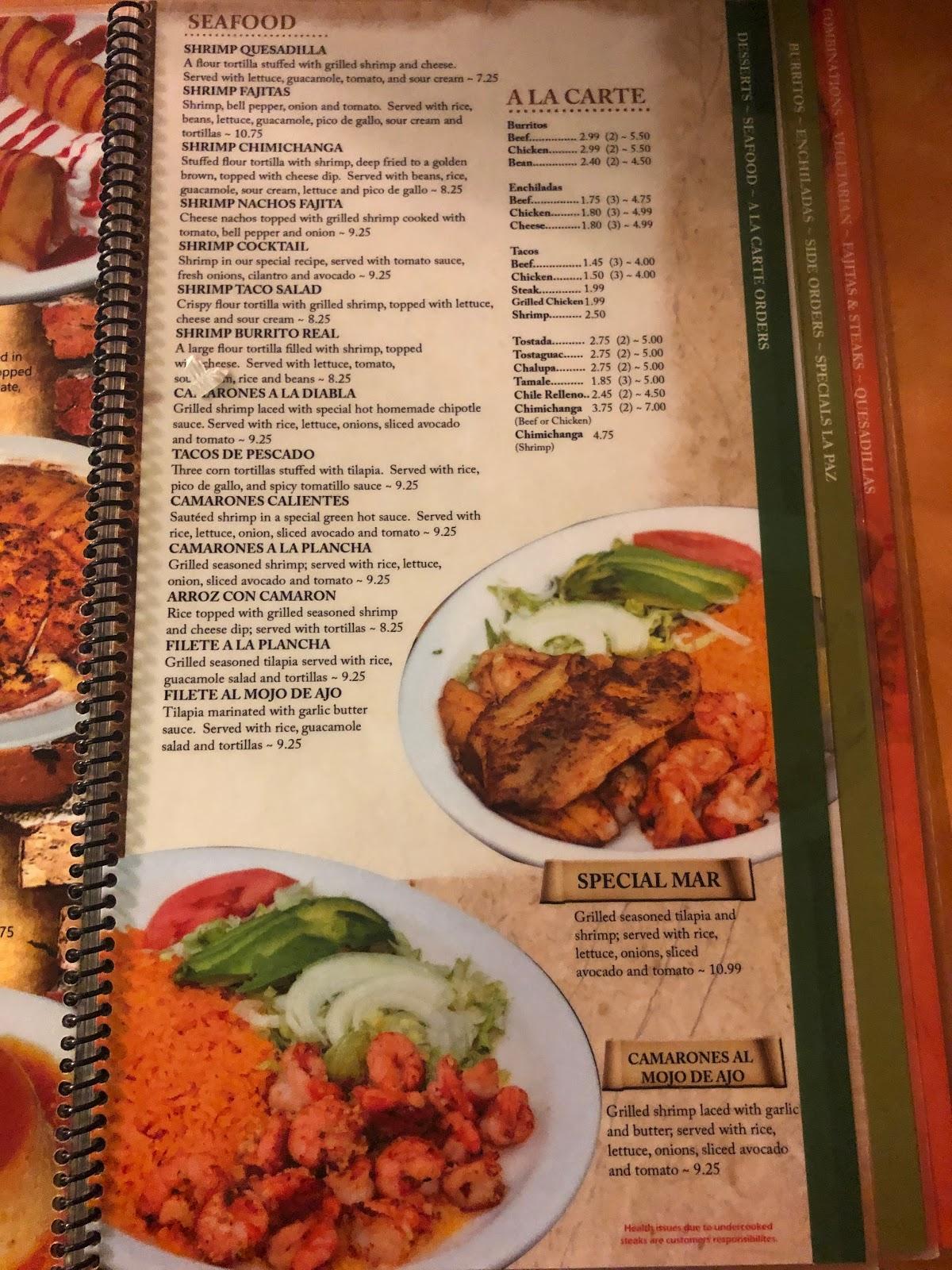 Menu at De la Paz restaurant, White House