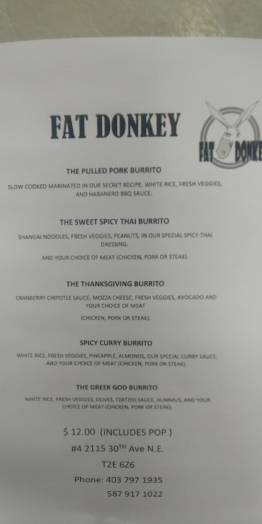 Menu at Fat Donkey restaurant, Calgary