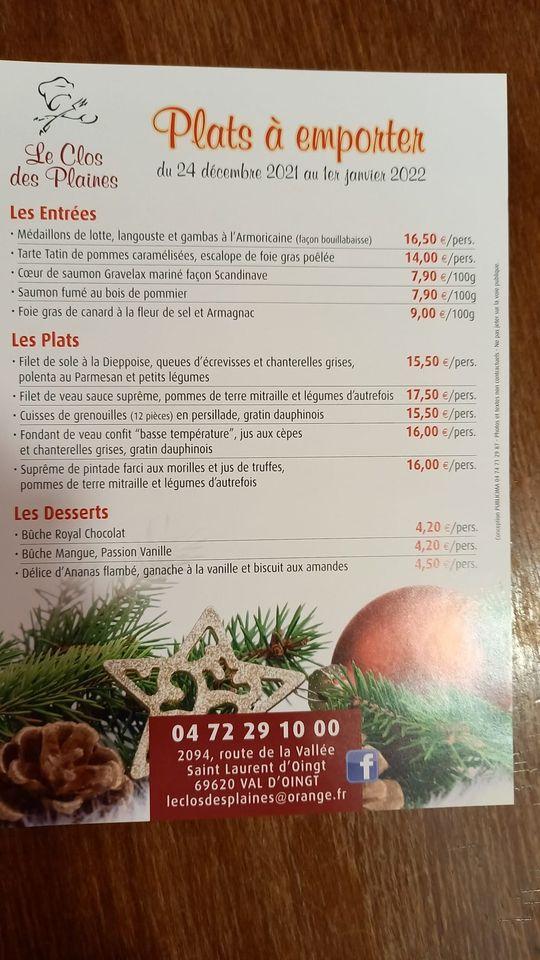 Menu au Le Clos des Plaines restaurant, Saint-Laurent-d'Oingt, Les Plaines