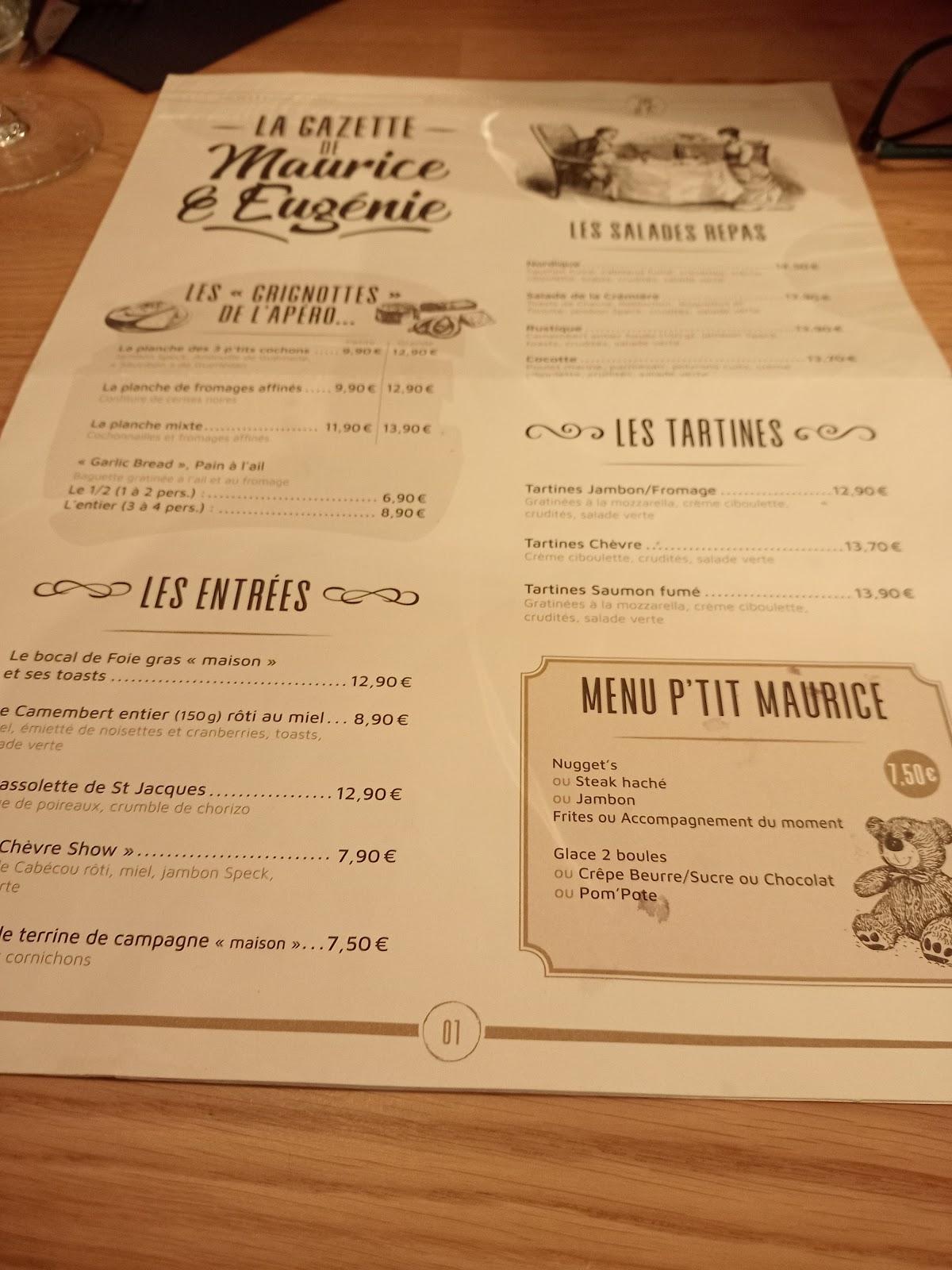 Menu au Maurice & Eugenie restaurant, Loudéac