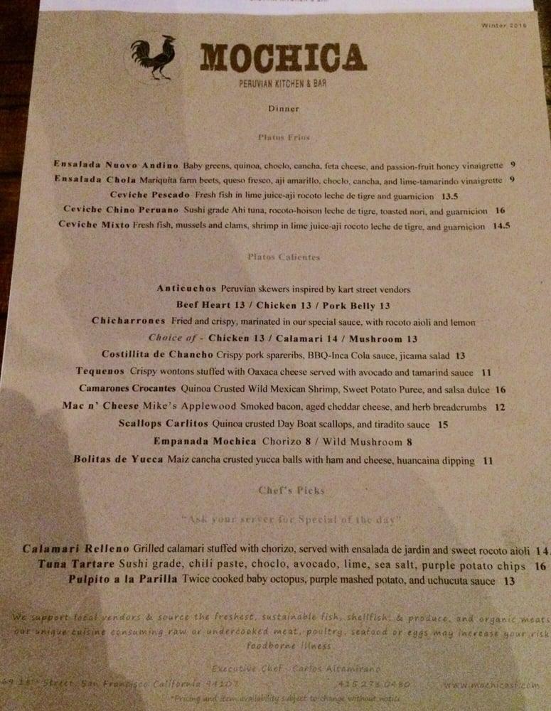 Menu at Mochica pub & bar, San Francisco, 18th St