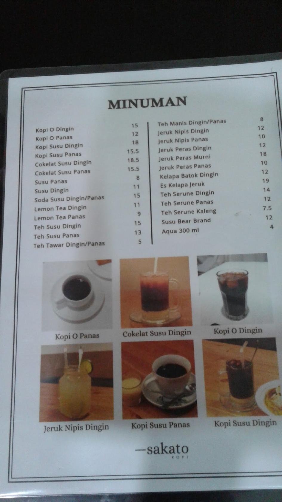Menu at Sakato Kopi cafe, Padang