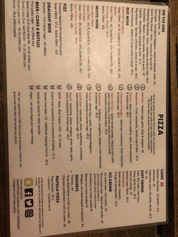 Menu at Sano Pizza pizzeria, Dublin, 1-2 Exchange Street Upper