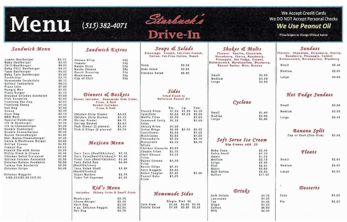 Menu at Starbuck's Drive-In restaurant, Nevada