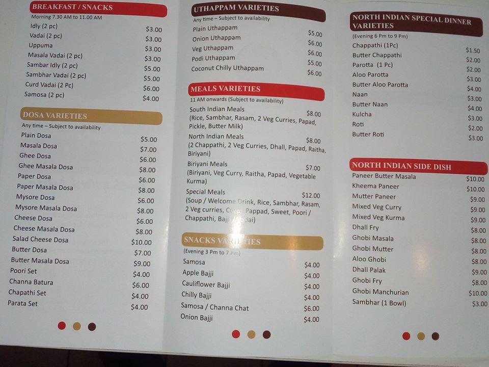 Menu at Udipi Krishna Vilas restaurant, Cannington