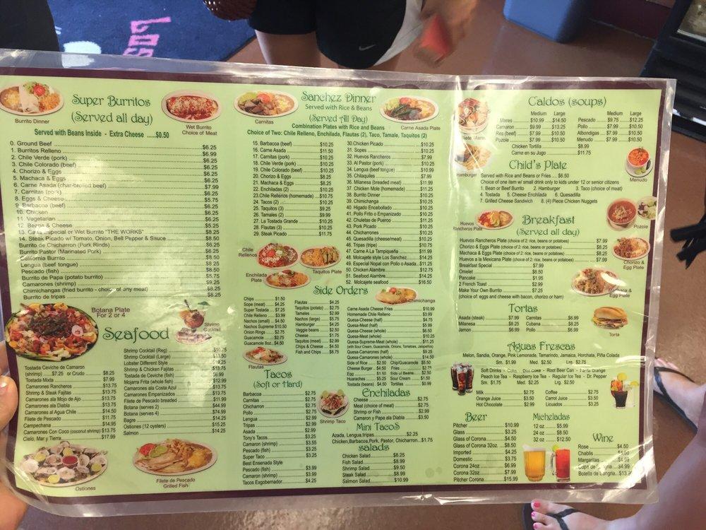 Menu at Los Sanchez Restaurant, Garden Grove