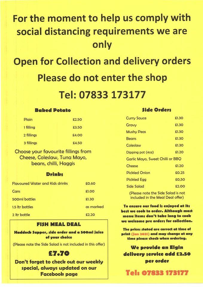 Menu at Pinefield Chippy restaurant, Elgin
