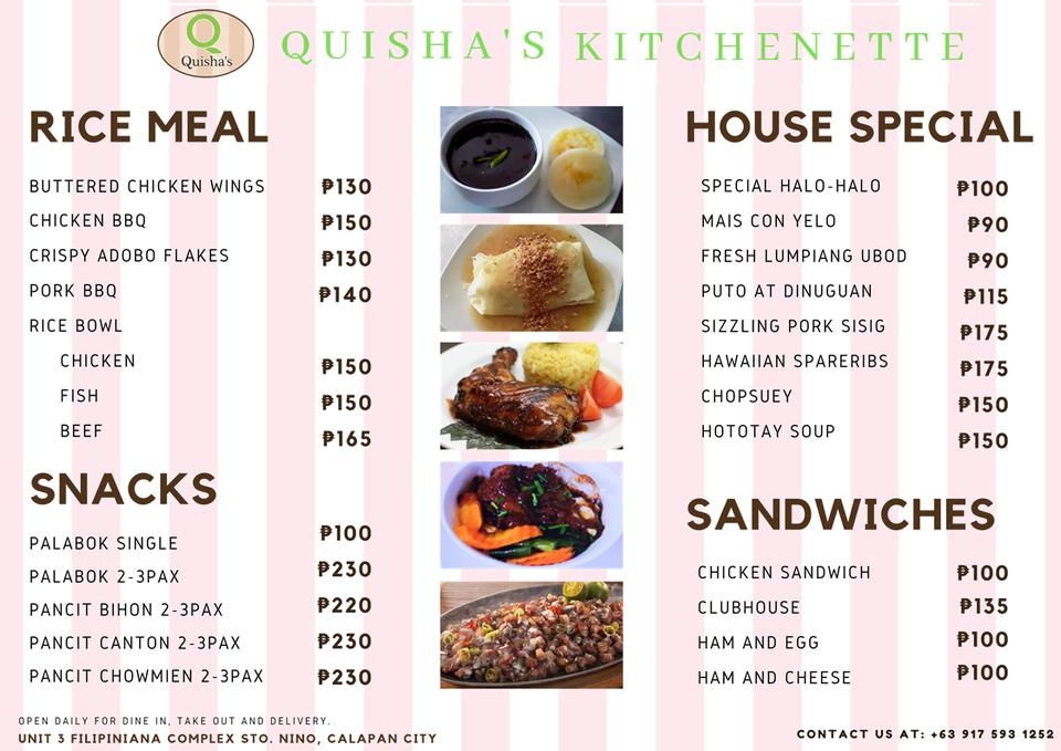Menu at Quisha's Kitchenette restaurant, Calapan, C53M+JHP
