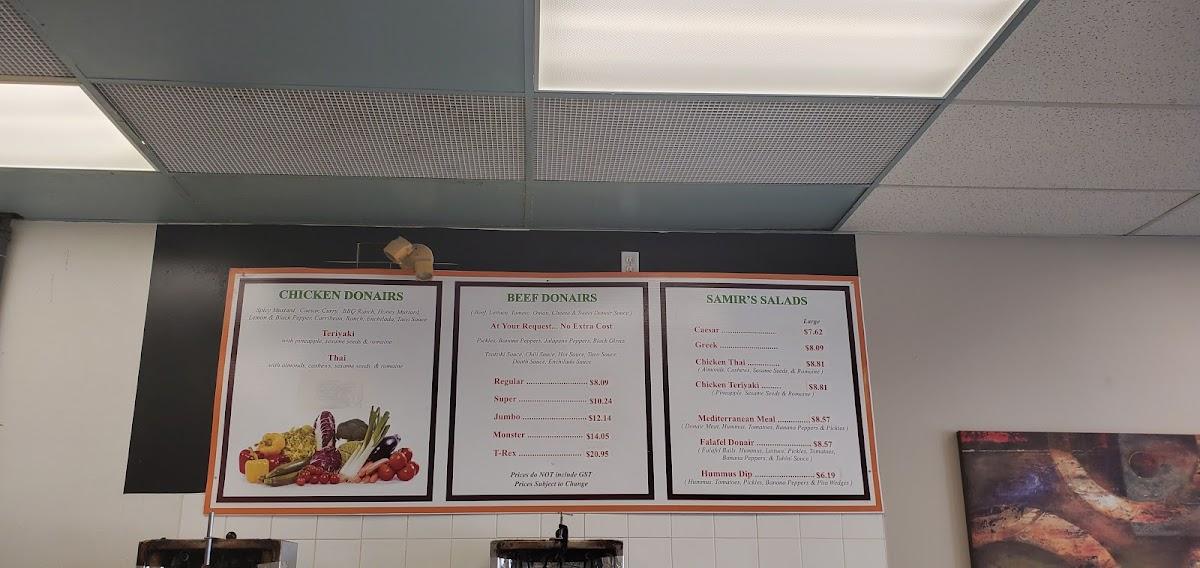 Menu at Samir's Donair restaurant, Medicine Hat