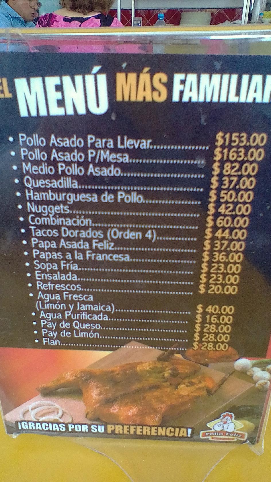 Carta del restaurante Pollo Feliz, Nuevo Laredo